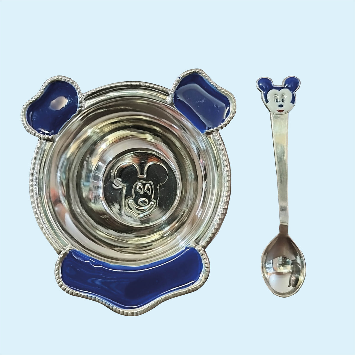 The Bombay Store Silver Blue Plate & Spoon with Mickey Mouse Design 106 gm
