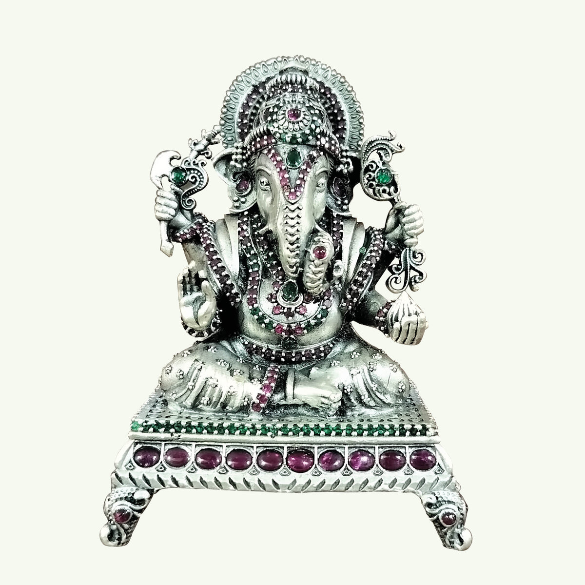 The Bombay Store Silver Dagdu Sheth Ganesha Decorated with Stonework 114 gm
