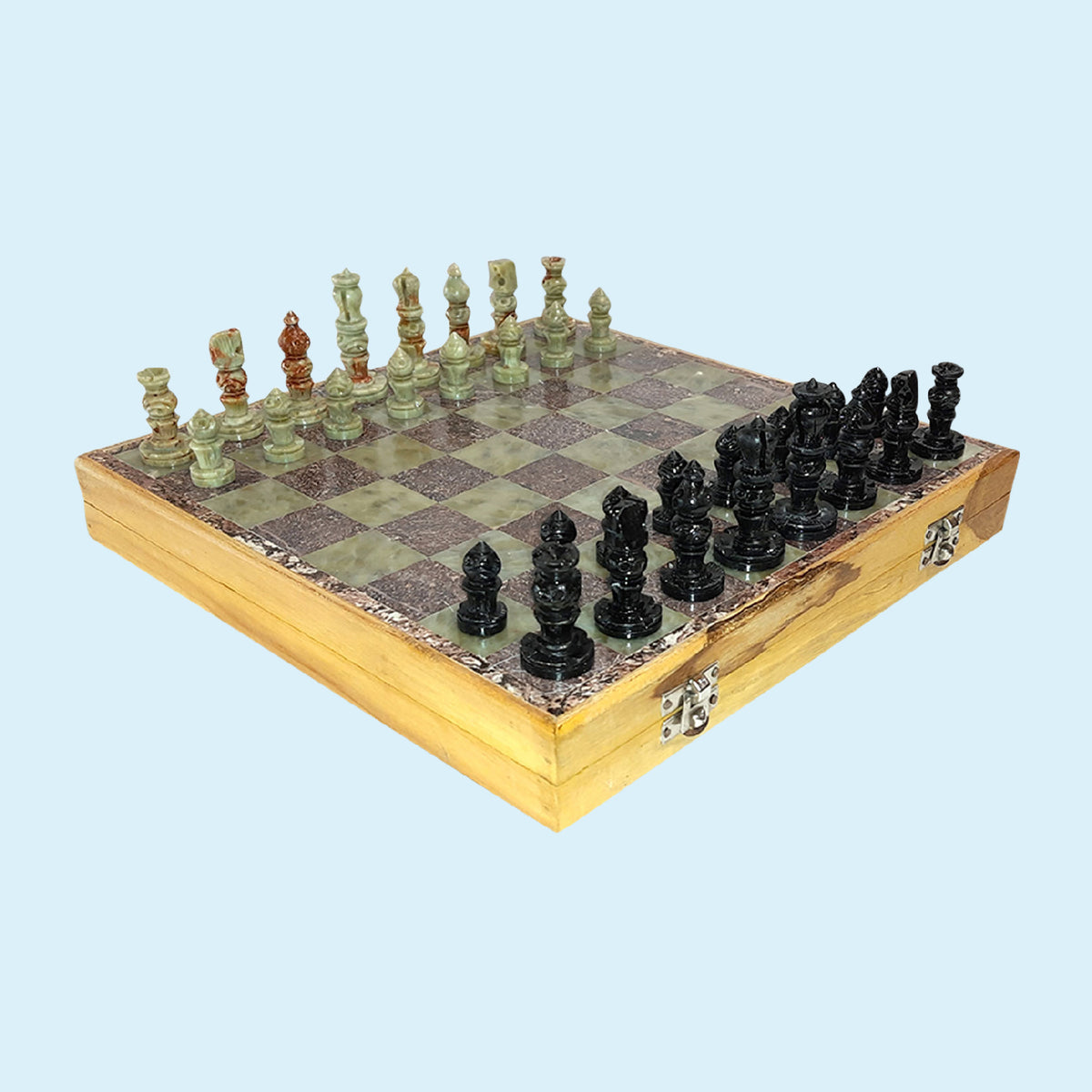 The Bombay Store Wooden Chess Set with Soft Stone Top and Foam Tray 12 in