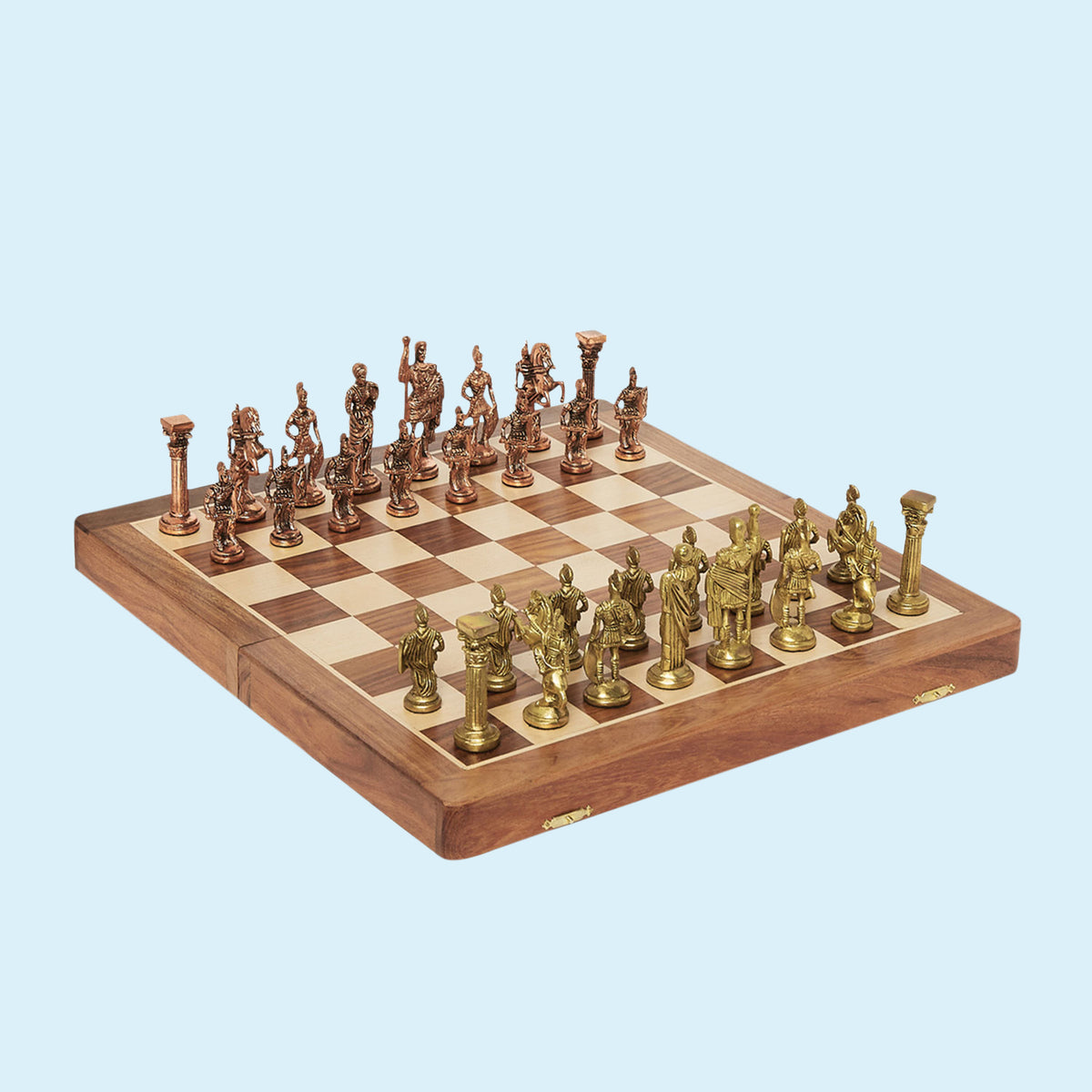 The Bombay Store Wooden Foldable Chess Set Box with Brass Coins