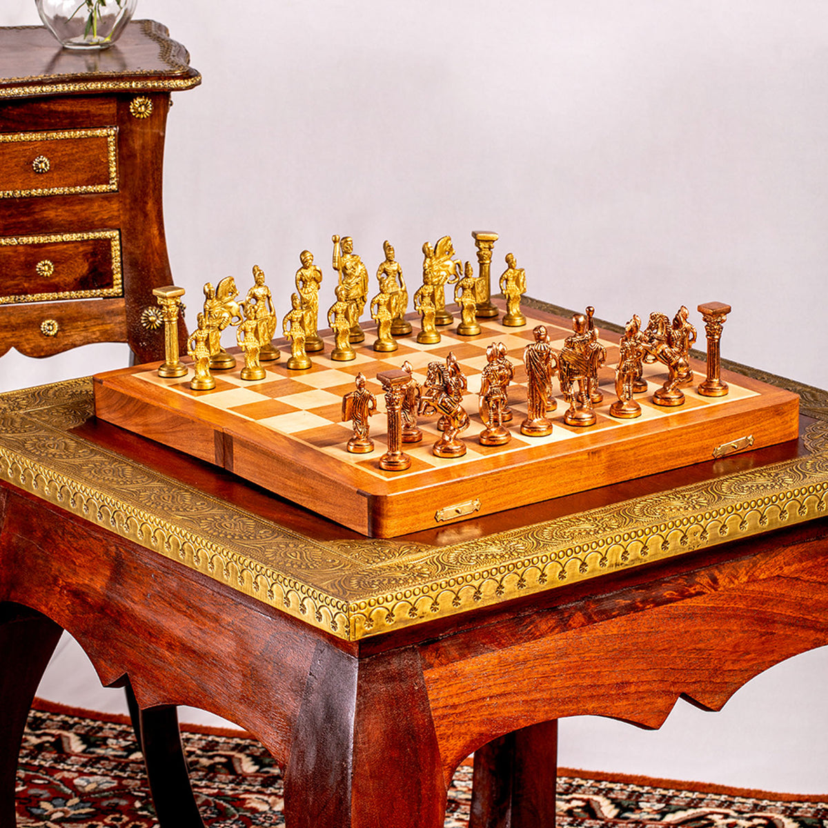 The Bombay Store Wooden Foldable Chess Set Box with Brass Coins