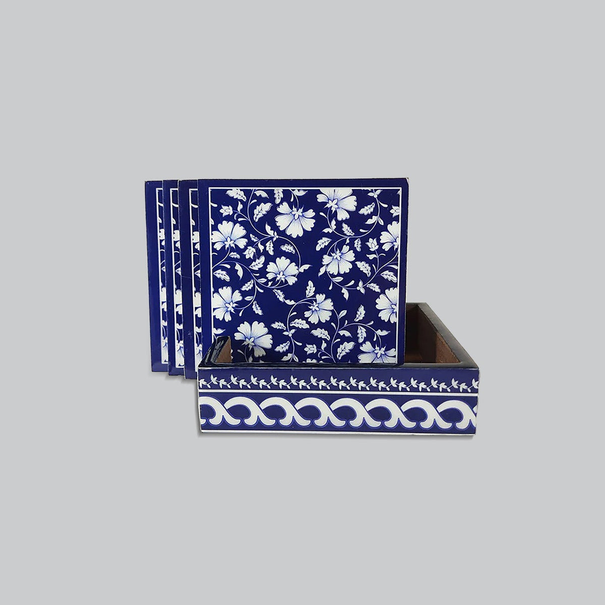 The Bombay Store Blue Pottery Coaster with Holder (Set of 4)