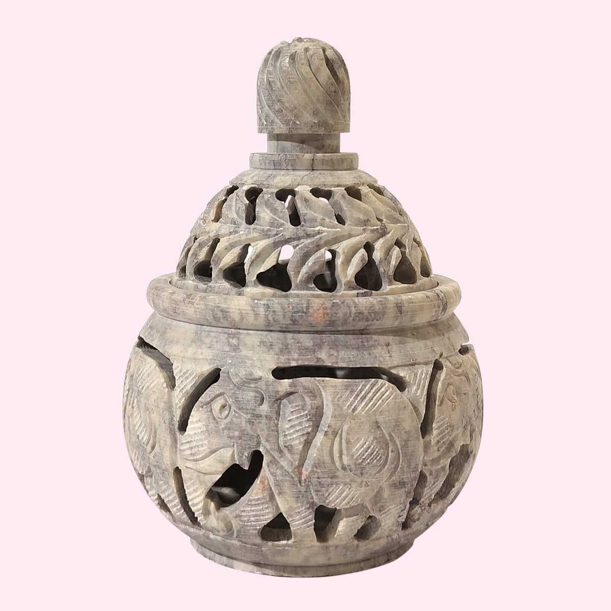 The Bombay Store Soft Stone Round Pot with Elephant Carving 3.5 in