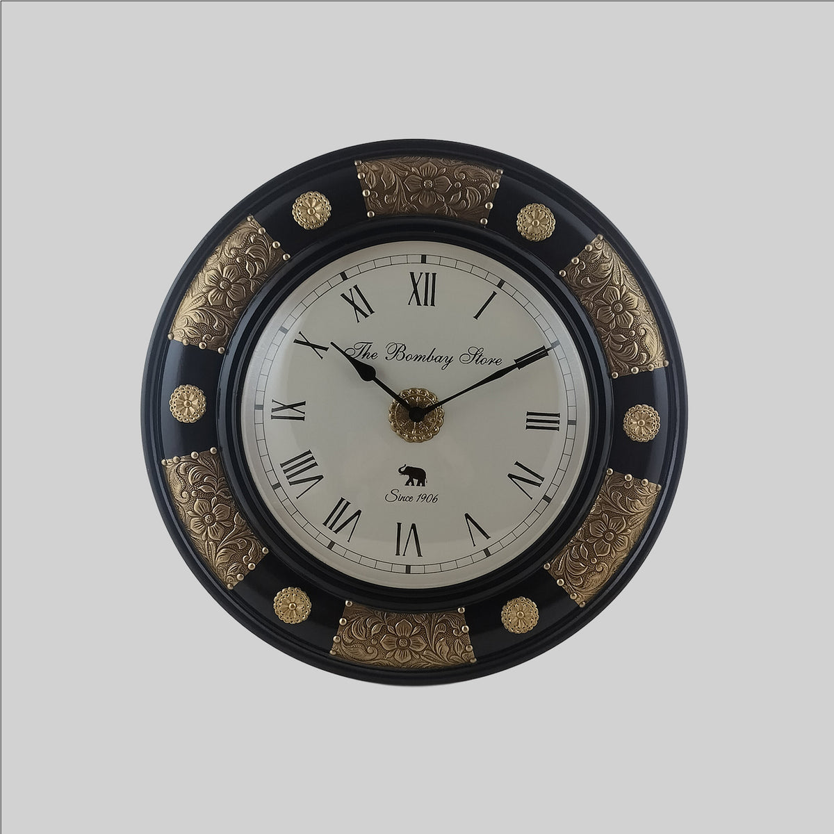 The Bombay Store Wood Wall Clock Brass Floral Design 18 in