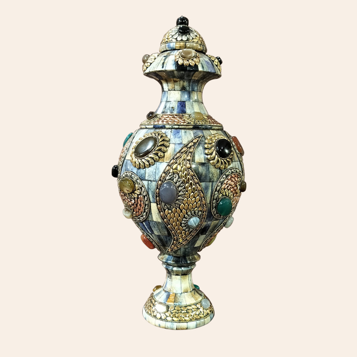 The Bombay Store Bone Pot & Lid with Stonework 15 in