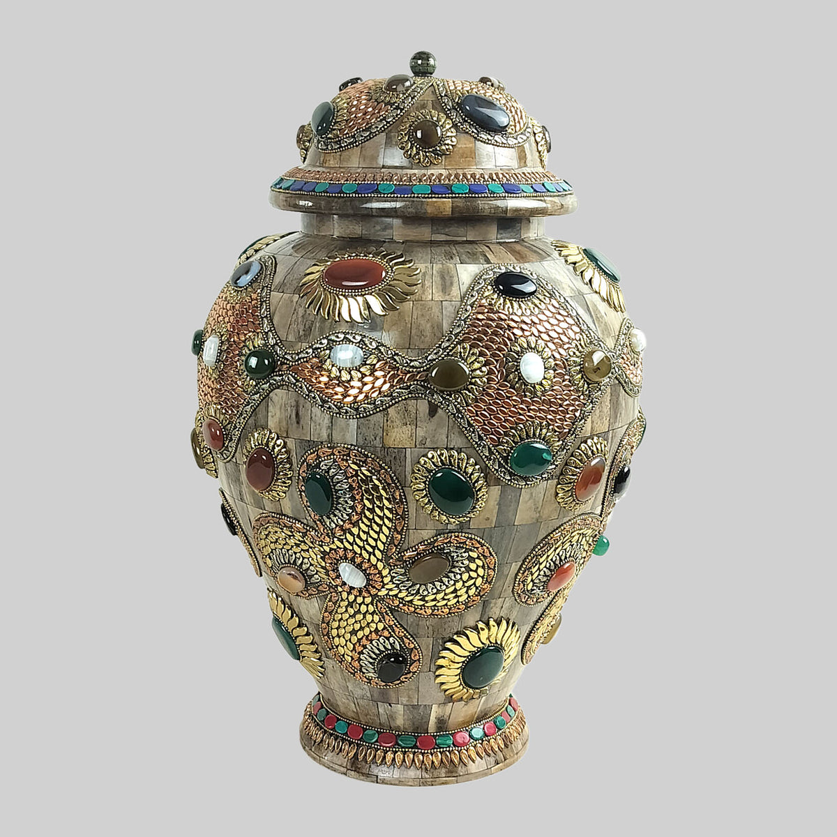 The Bombay Store Camel Bone Pot & Lid with Stonework 18 in