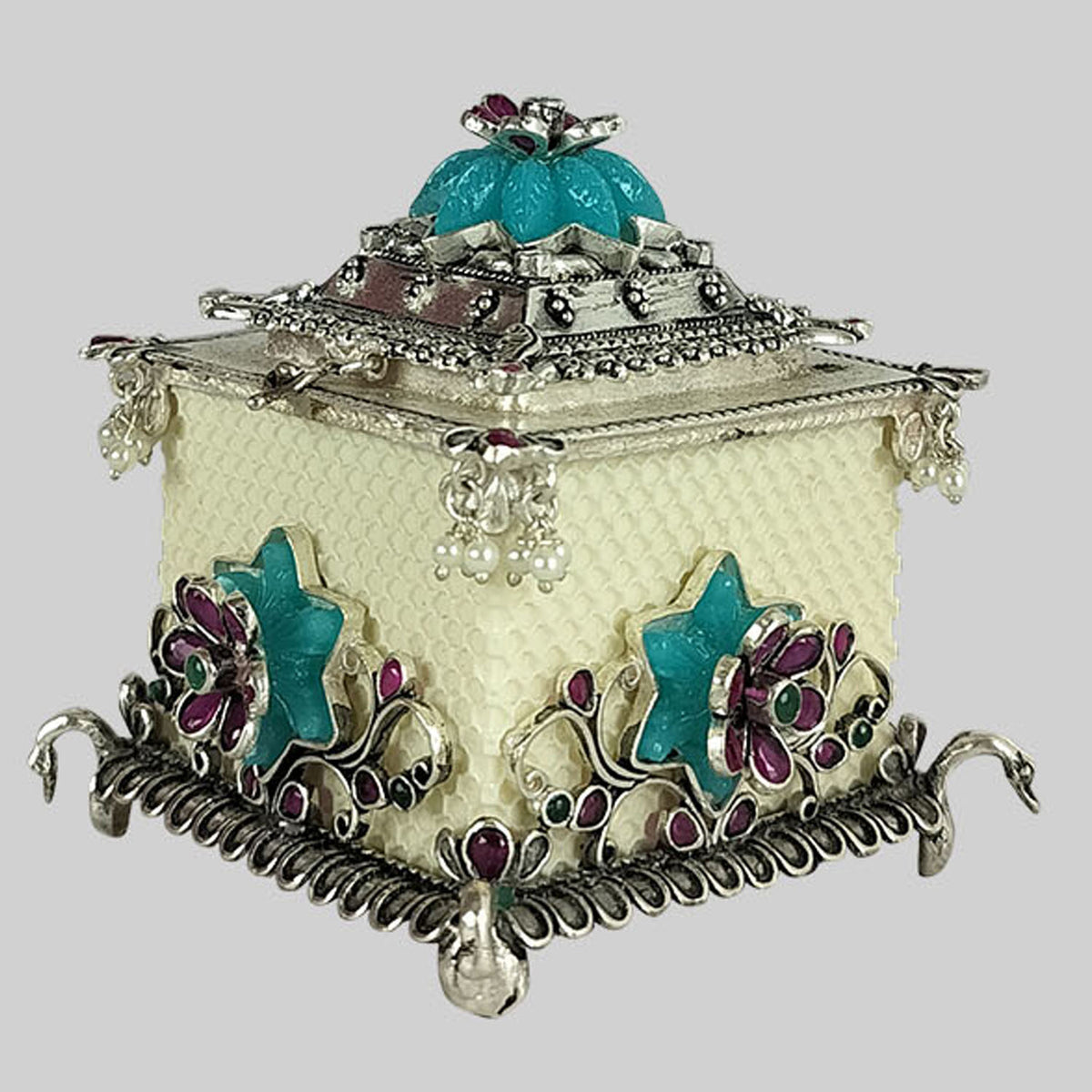 The Bombay Store Silver Resin Dabbi with Stone 129 gm