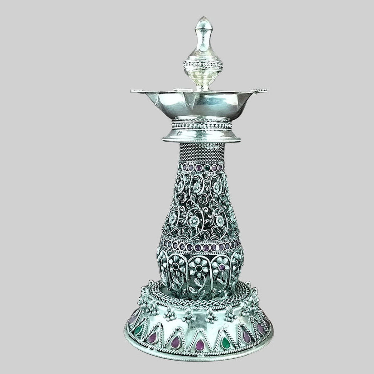 The Bombay Store Silver Lamp with 5 Bati & Stone 271 gm