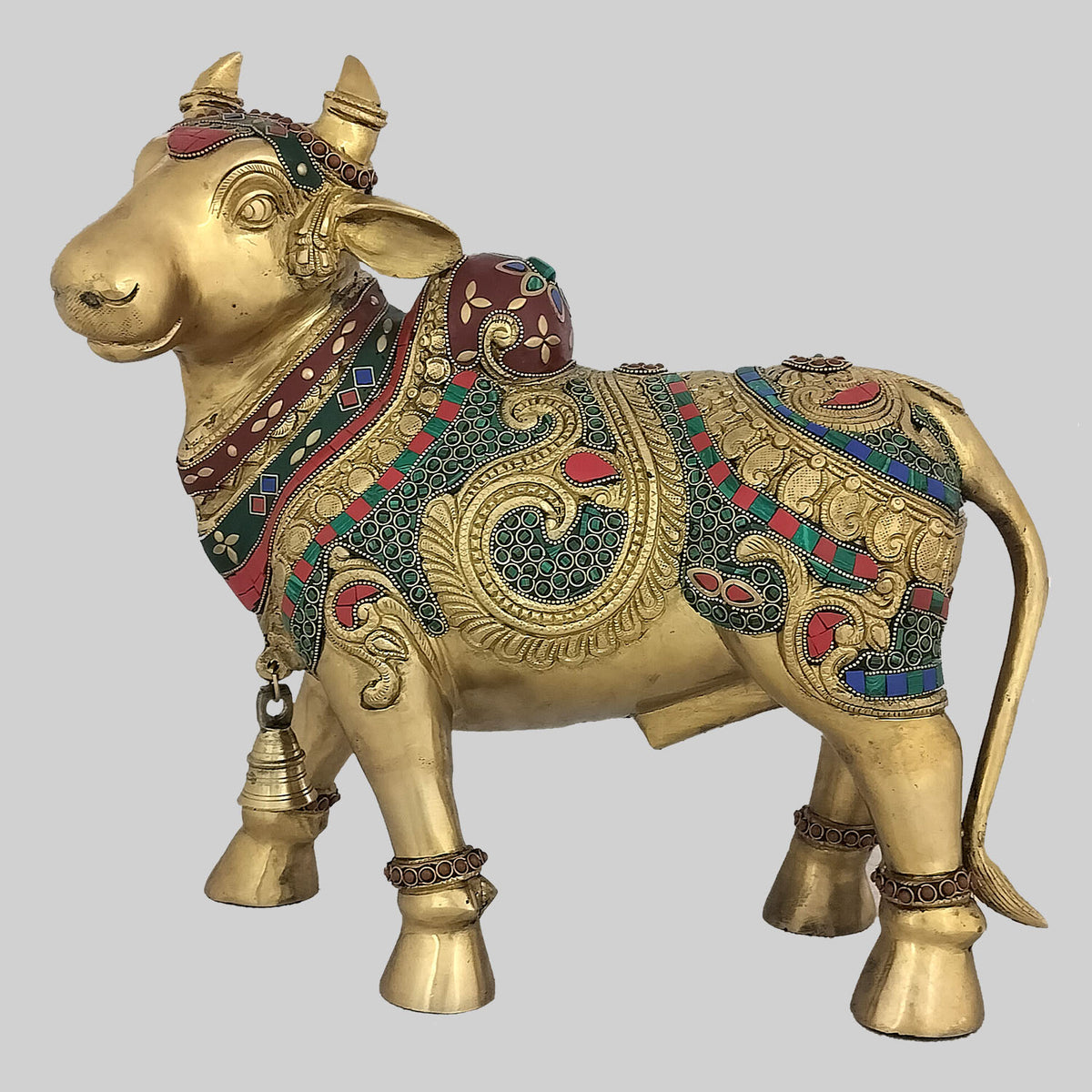 The Bombay Store Brass Standing Nandi with Ring Stonework 14 in