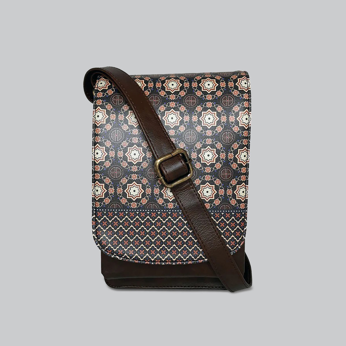 The Bombay Store Ajrakh Faux Leather Rectangle Sling Bag (Brown)