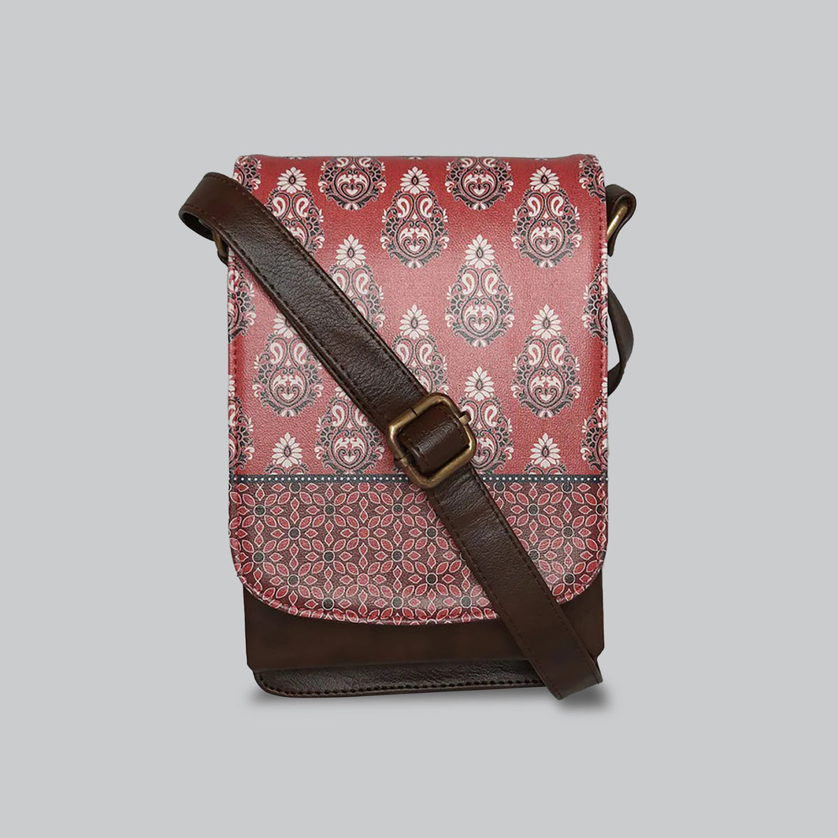 The Bombay Store Ajrakh Faux Leather Rectangle Sling Bag (Maroon)