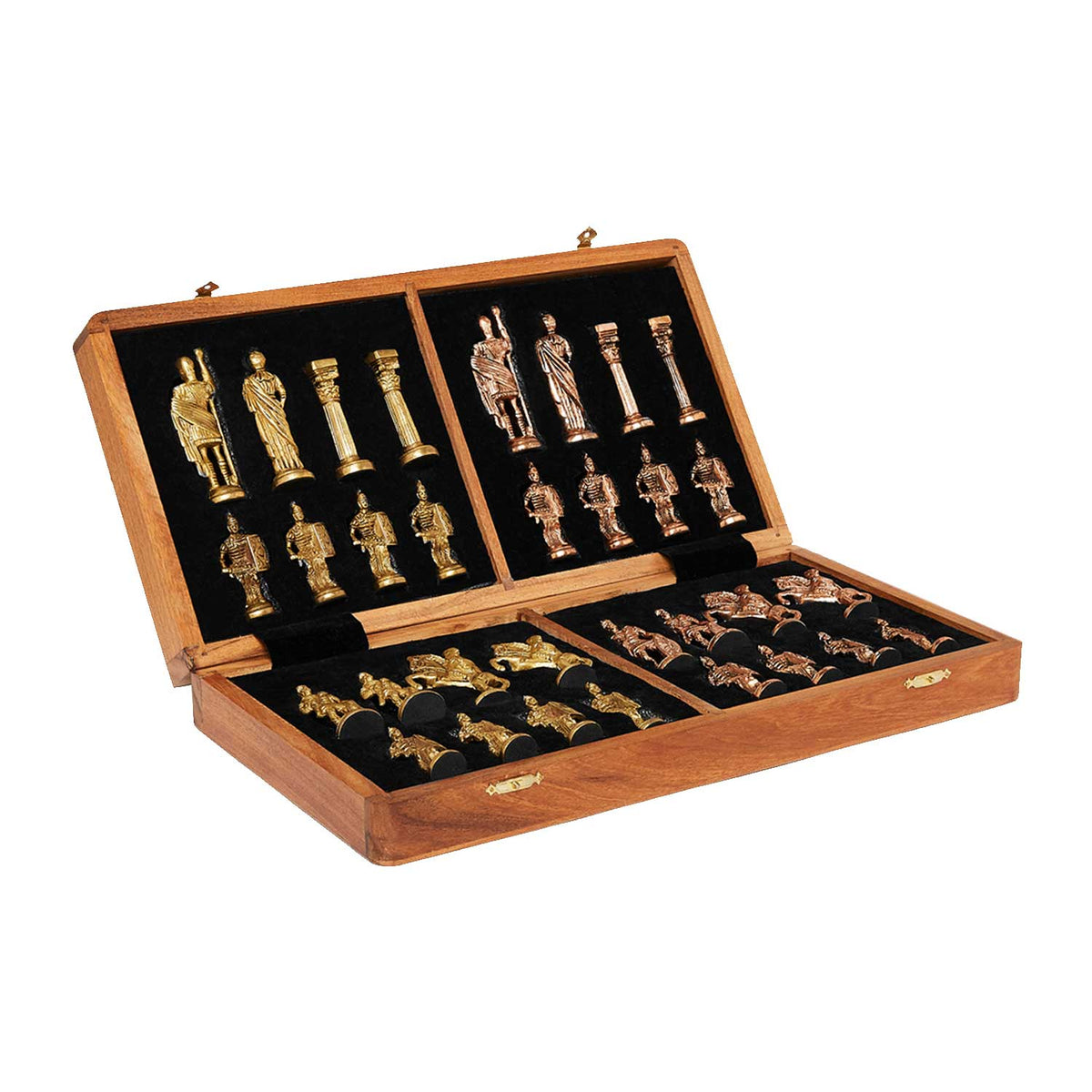 The Bombay Store Wooden Foldable Chess Set Box with Brass Coins