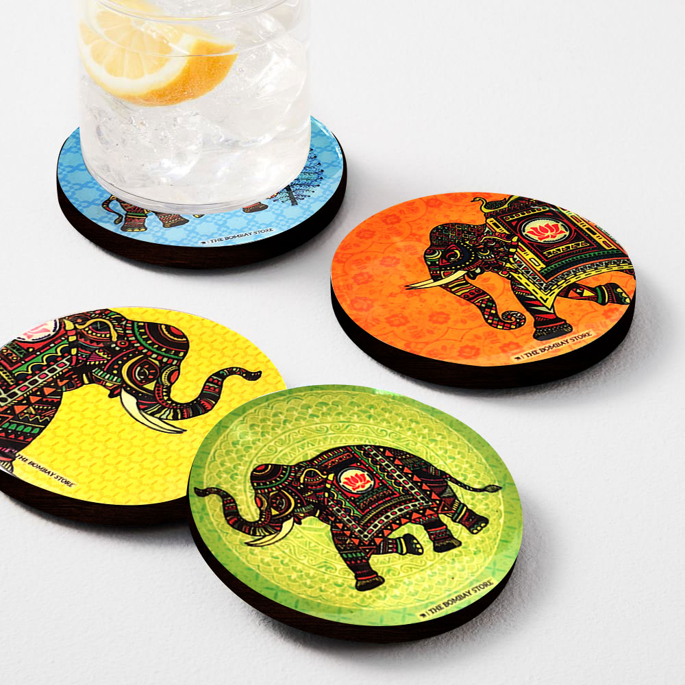 The Bombay Store Signature Round Coasters with Holder (Set of 4)